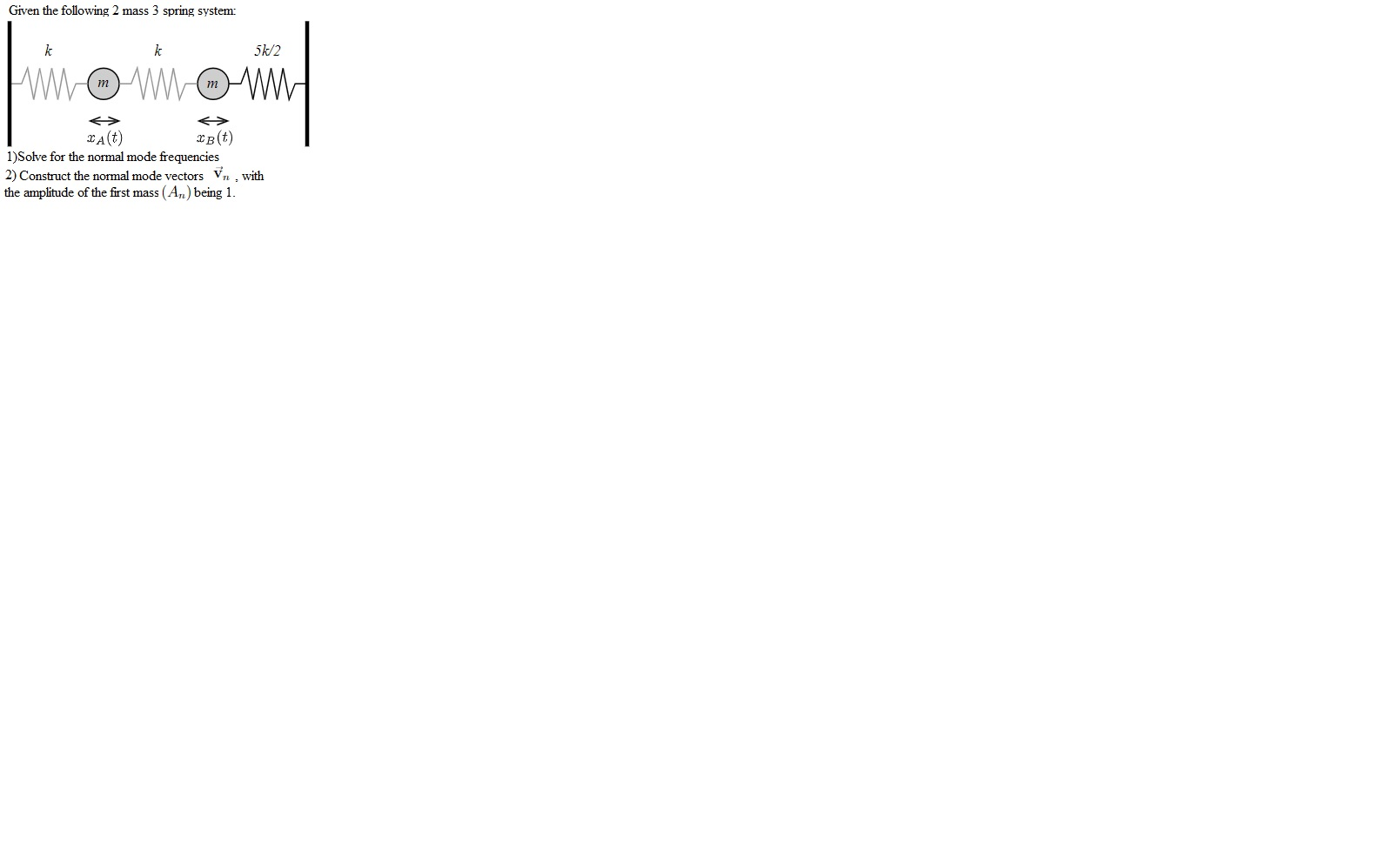 Solved Given the following 2 mass 3 spring system: k k 5k/2 | Chegg.com