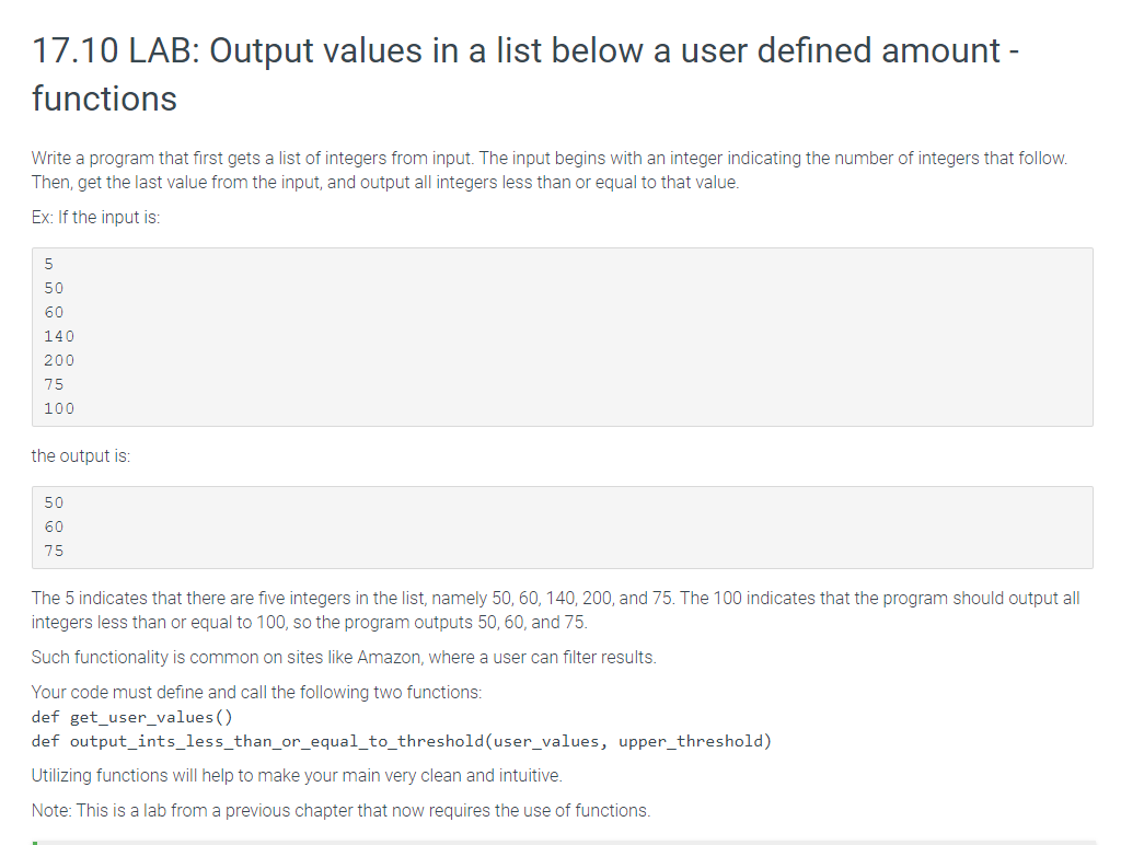 Solved 1710 Lab Output Values In A List Below A User