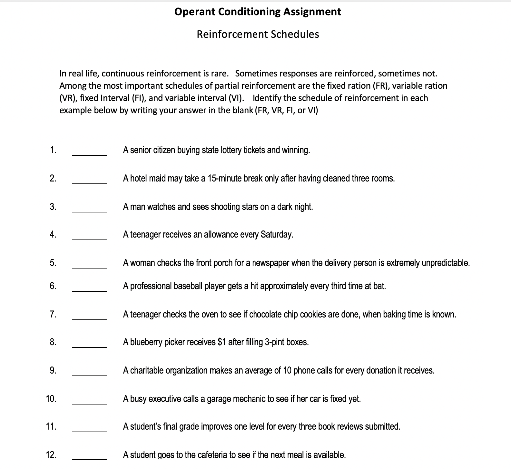 Solved Operant Conditioning Assignment Reinforcement | Chegg.com