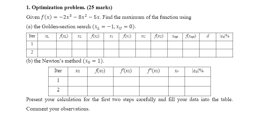 Solved 1. Optimization problem. (25 marks) Given f(x) = -2x3 | Chegg.com