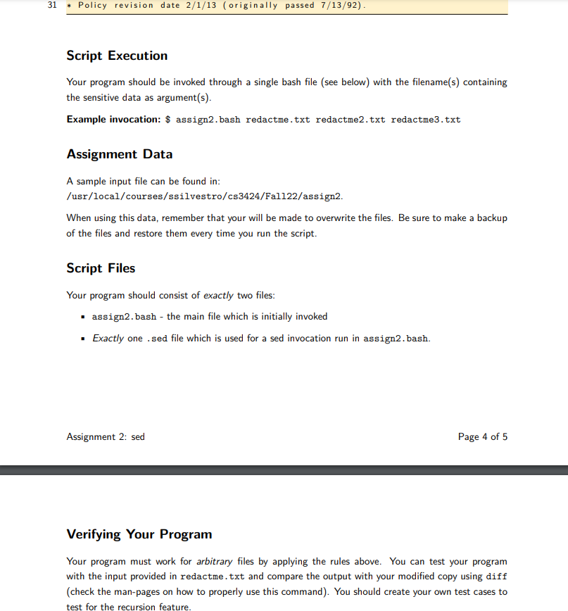 For this assignment, you will use sed and bash only, | Chegg.com