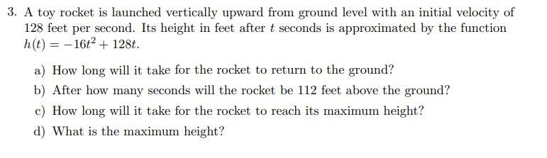 Solved 3. A toy rocket is launched vertically upward from | Chegg.com