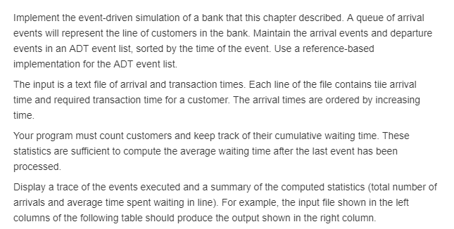 Solved Implement the event-driven simulation of a bank that | Chegg.com
