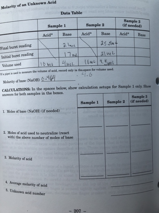 Solved Molarity of an Unknown Acid Data Table Sample 3 (if | Chegg.com