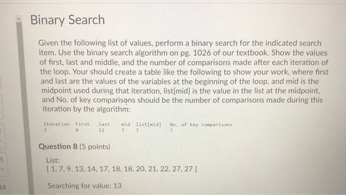 Solved Binary Search Given the following list of values, | Chegg.com