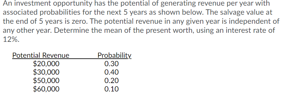 Solved An investment opportunity has the potential of | Chegg.com
