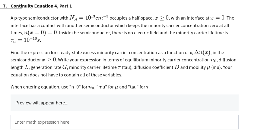Solved Continuity Equation 4, ﻿Part 1A p-type semiconductor | Chegg.com
