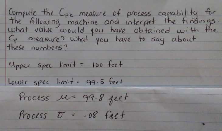 Solved Compute the Cpk measure of process capability for the | Chegg.com