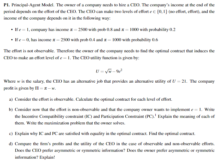 Solved Pl. Principal-Agent Model. The owner of a company | Chegg.com