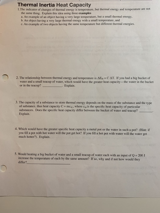 Solved Thermal Inertia Heat Capacity 1. The indicator of | Chegg.com