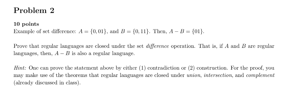 Solved Problem 2 10 points Example of set difference: | Chegg.com