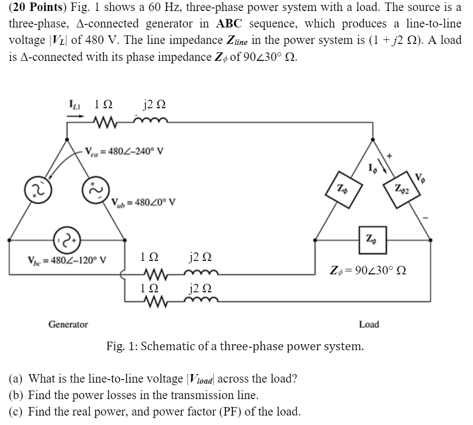 Solved (20 Points) Fig. 1 shows a 60 Hz, three-phase power | Chegg.com