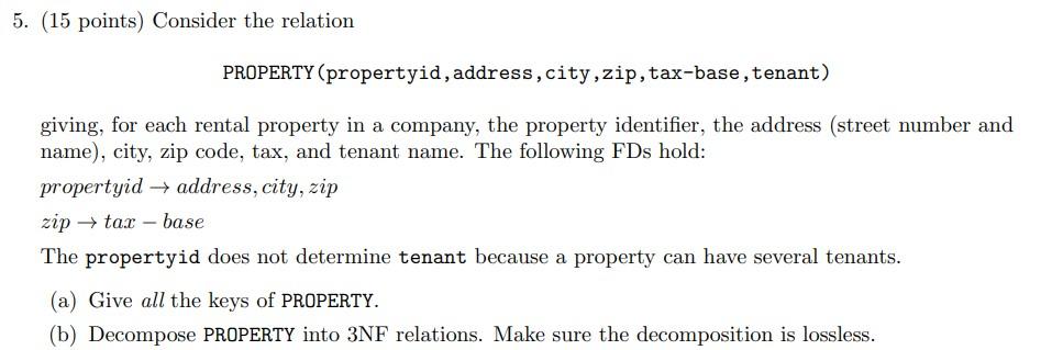 Solved 5. (15 points) Consider the relation PROPERTY | Chegg.com