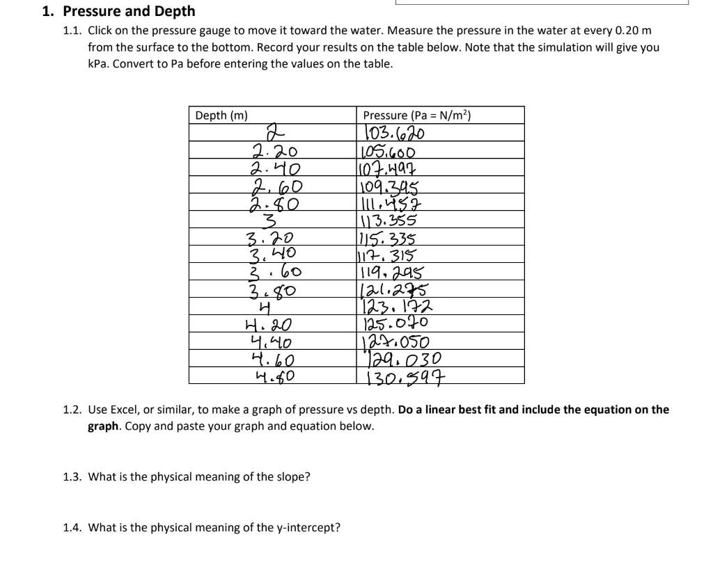 Solved Pressure and Depth 1.1. Click on the pressure gauge | Chegg.com