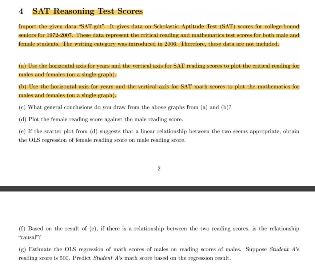 4 SAT Reasoning Test Scores Import the given data | Chegg.com