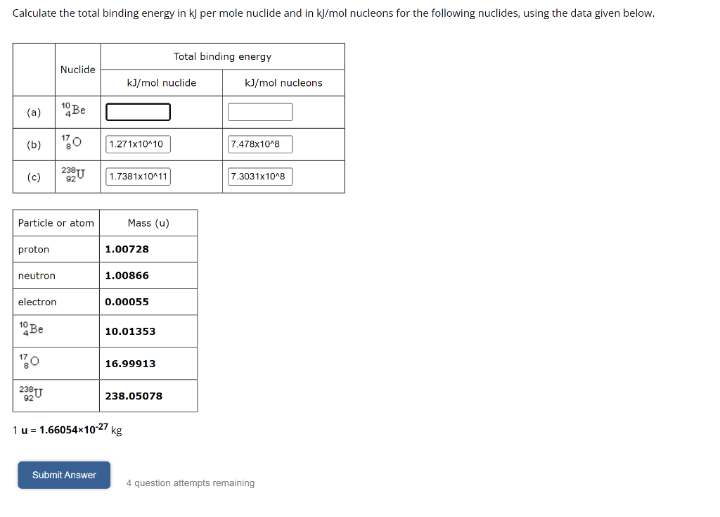 Solved Calculate the total binding energy in kJ per mole | Chegg.com