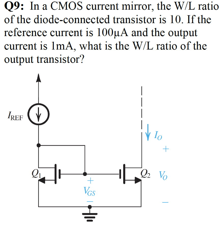 Solved Q9: In a CMOS current mirror, the W/L ratio of the | Chegg.com