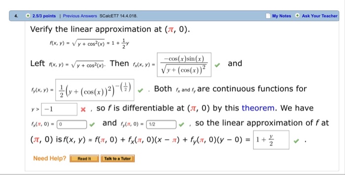 Solved verify the linear approximation at pi 0 y+cos | Chegg.com
