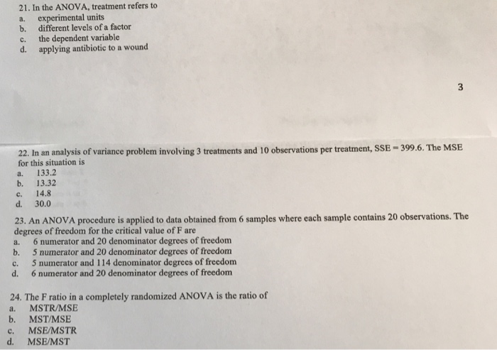 Solved 21. In the ANOVA, treatment refers to a. experimental | Chegg.com