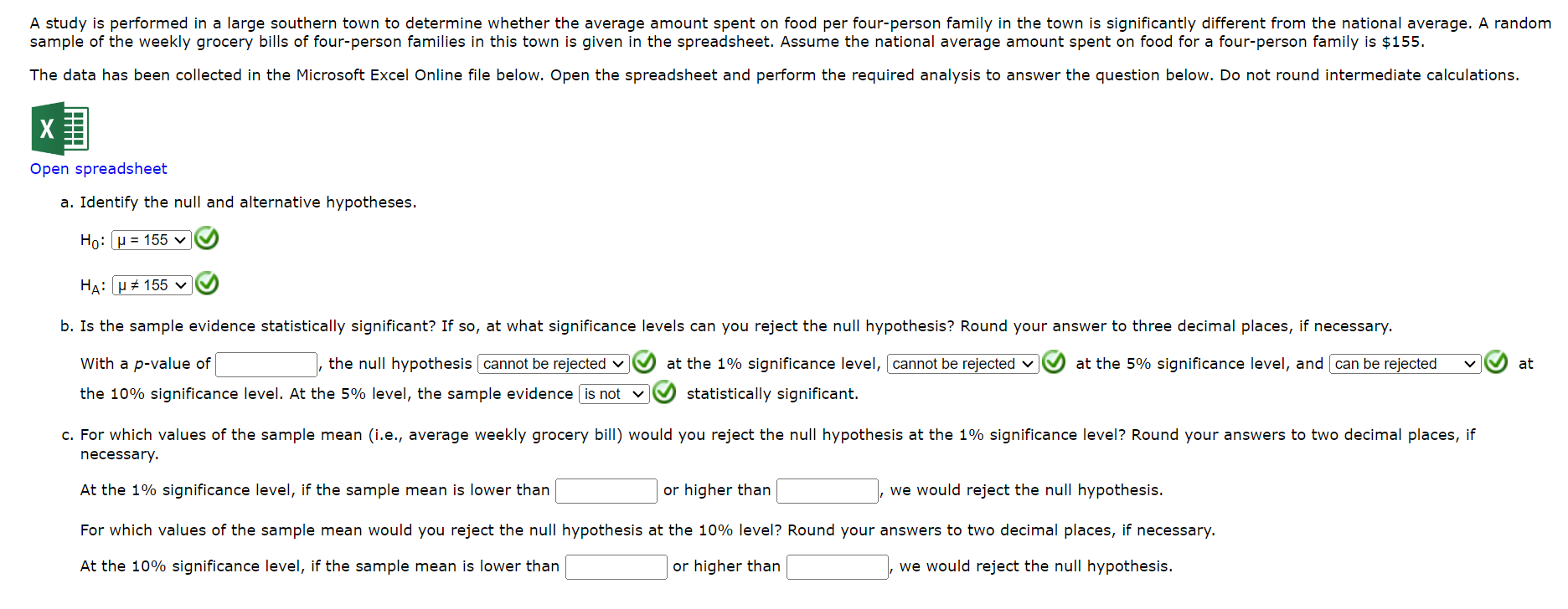 Solved Open spreadsheet a. Identify the null and alternative | Chegg.com