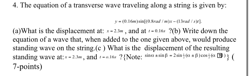 Solved The equation of a transverse wave traveling along a | Chegg.com