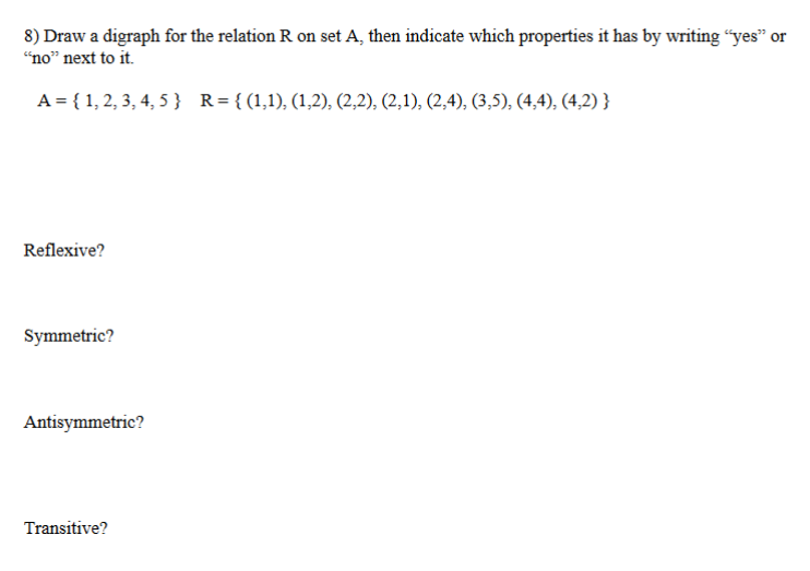 Solved 8) Draw a digraph for the relation R on set A, then | Chegg.com