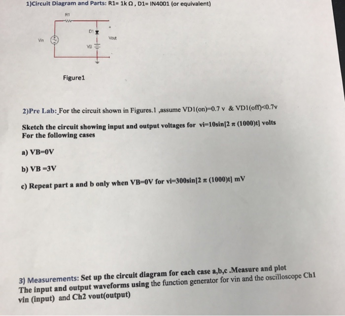 Solved 1)Circuit Diagram and Parts: R1-1k Ω , D1= 1N4001 (or | Chegg.com