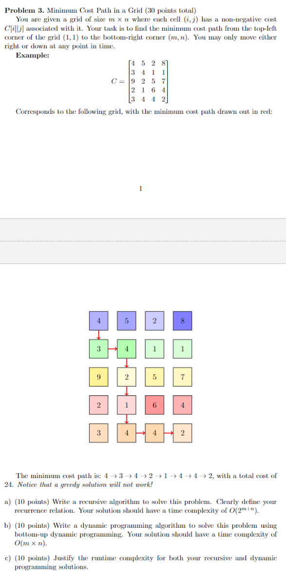Solved Problem 3. ﻿Minimum Cost. Path in a Grid (30 ﻿points | Chegg.com