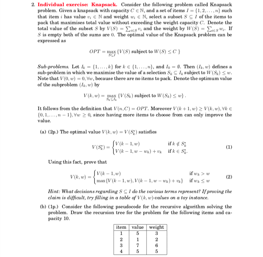 Individual exercise: Knapsack. Consider the following | Chegg.com