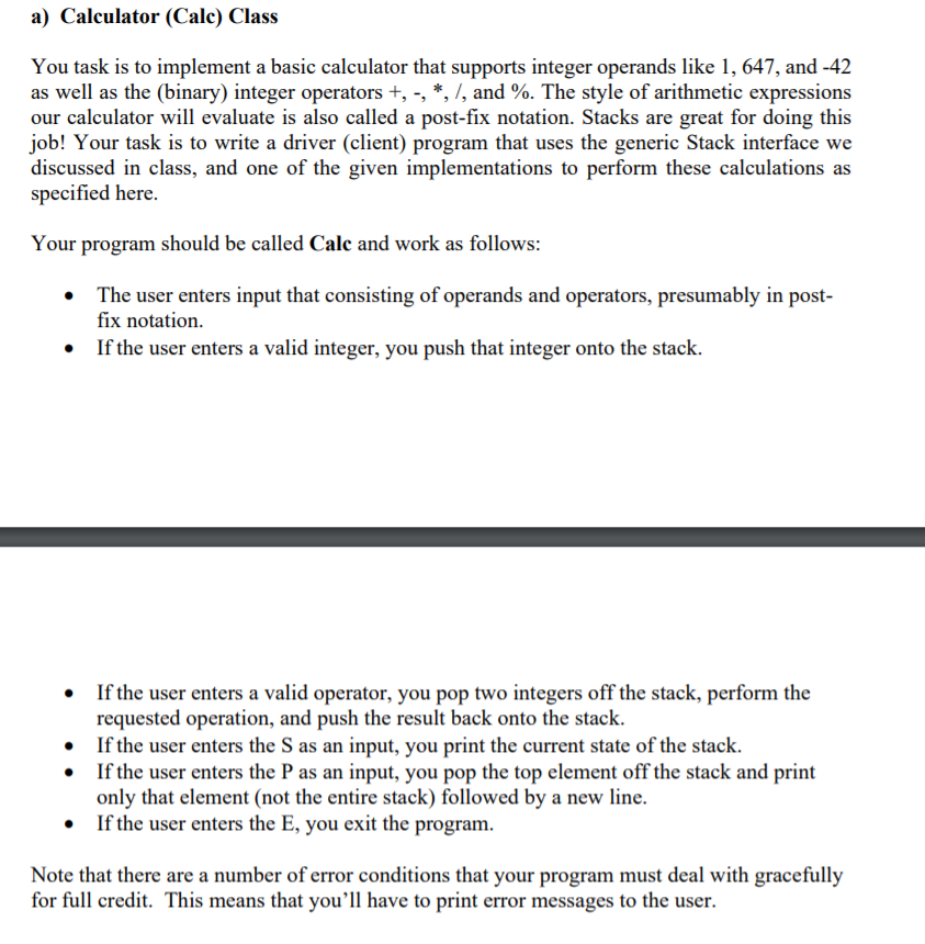 Solved a) Calculator (Cale) Class You task is to implement a | Chegg.com