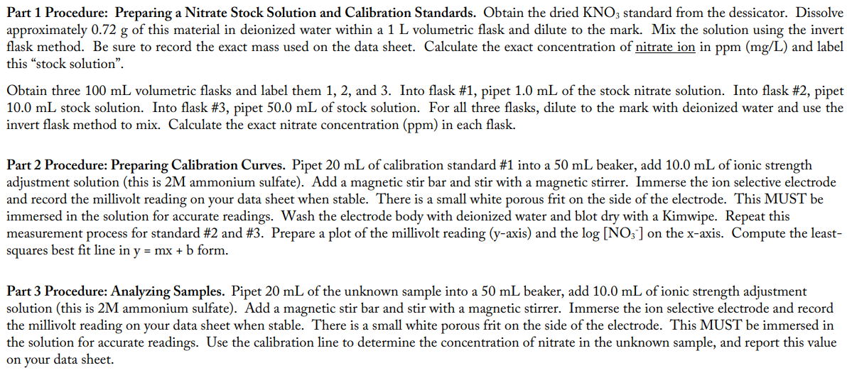 Solved Part 1 Procedure: Preparing a Nitrate Stock Solution | Chegg.com