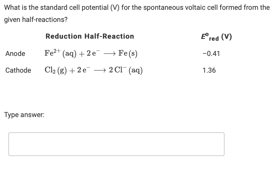 Solved What is the standard cell potential (V) for the | Chegg.com
