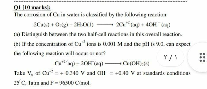 Solved 01 [10 marks: The corrosion of Cu in water is | Chegg.com