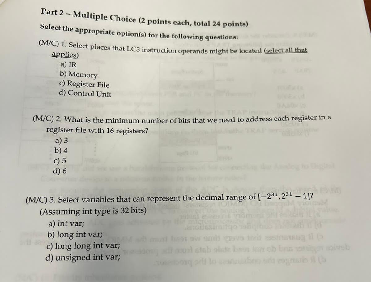 Solved Part 2 - Multiple Choice (2 points each, total 24 | Chegg.com