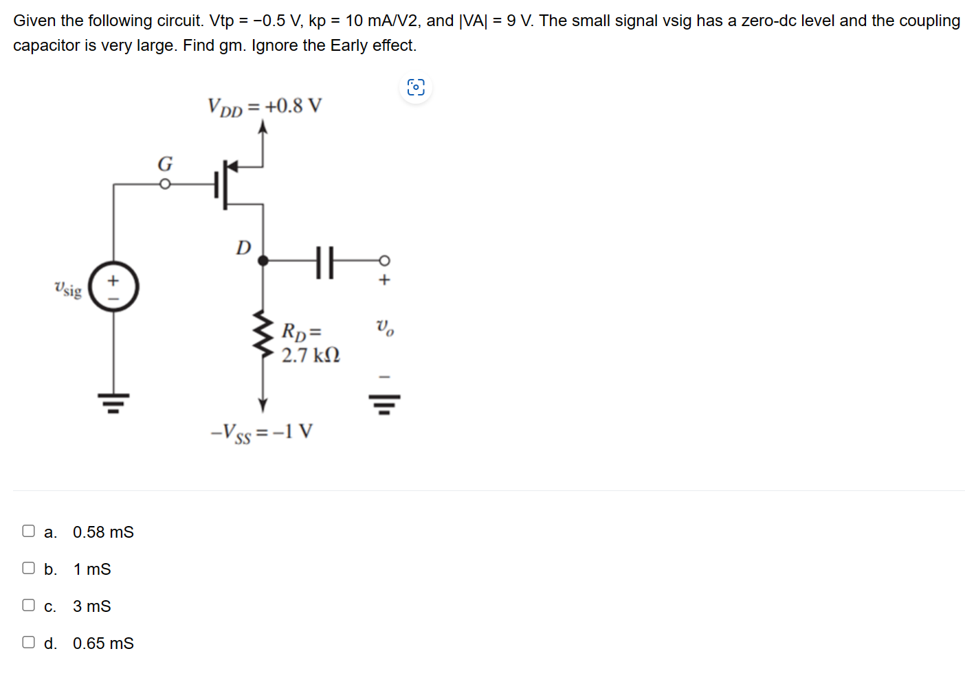 Solved ven the following circuit. Vtp =−0.5 V,kp=10 mA/V2, | Chegg.com