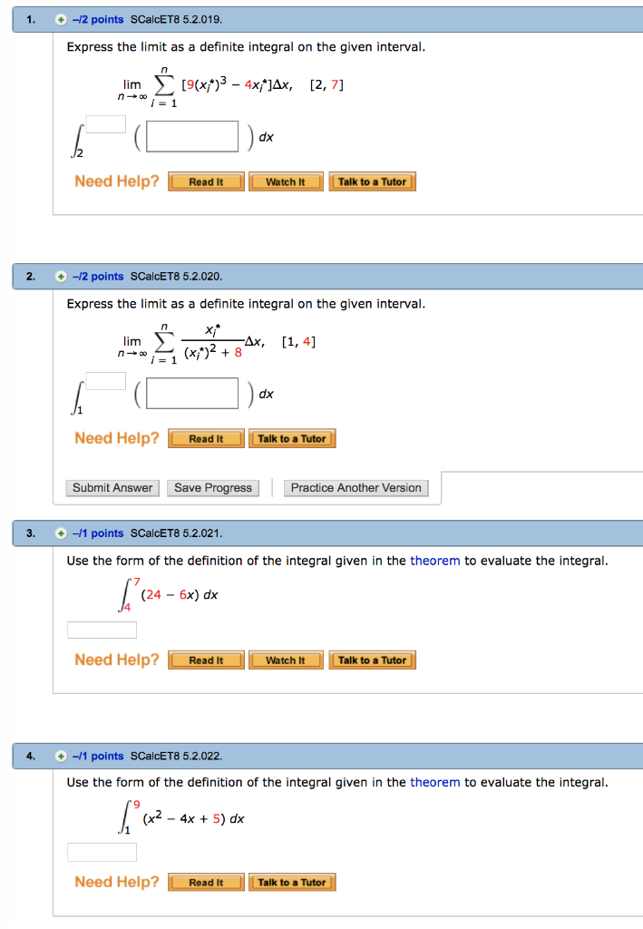 Solved 1. +-12 points SCalcET8 5.2.019 Express the limit as | Chegg.com