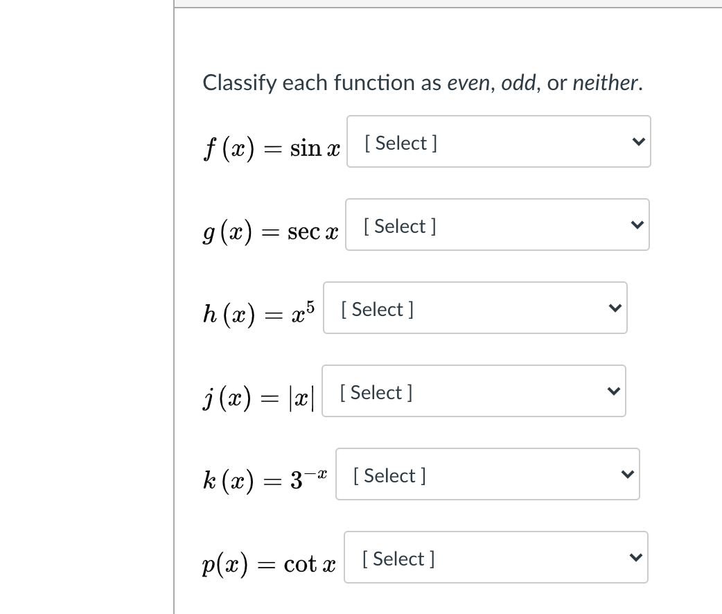 Solved Classify each function as even, odd, or neither. f | Chegg.com