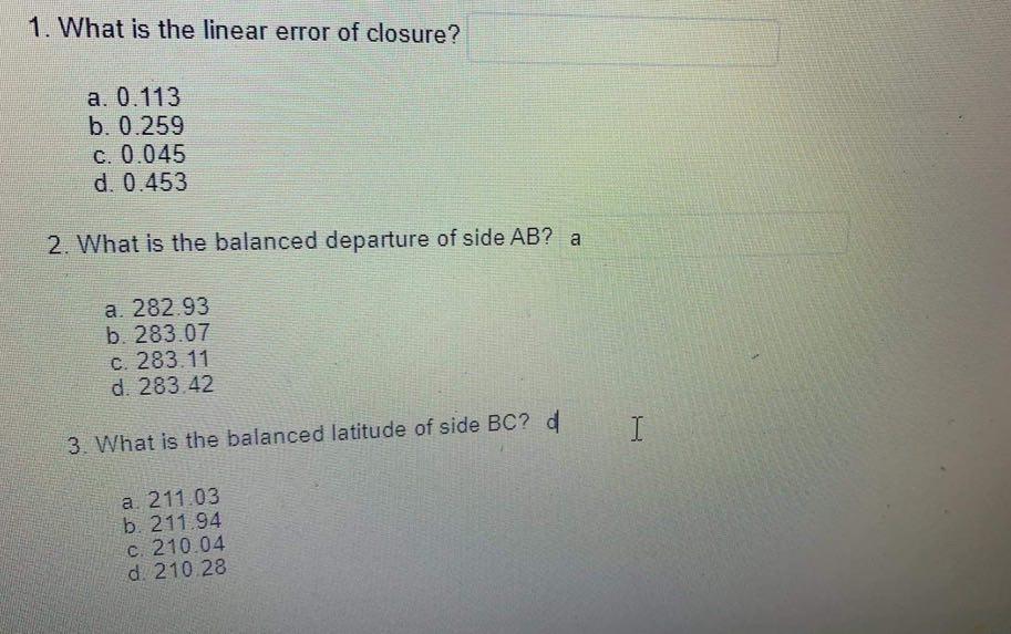 Solved 1. What is the linear error of closure? a. 0.113 b. | Chegg.com