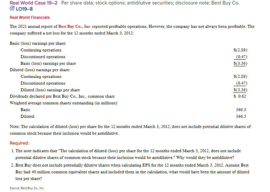 Real World Case 19-2 Per share data; stock options; | Chegg.com
