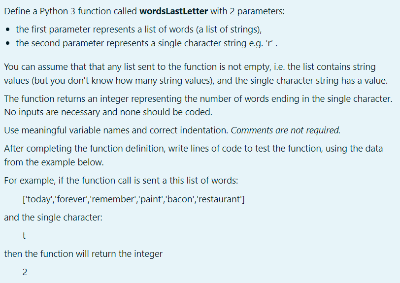Solved Define a Python 3 function called wordsLastLetter | Chegg.com