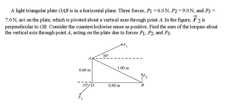 Solved = A light triangular plate OAB is in a horizontal | Chegg.com