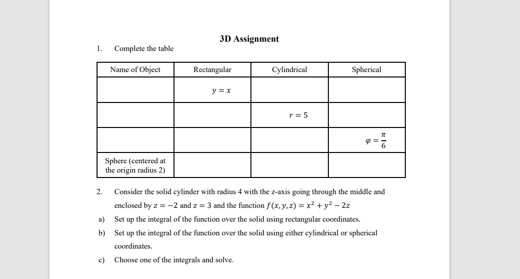 Solved 3D Assignment 1. Complete the table Name of Object | Chegg.com