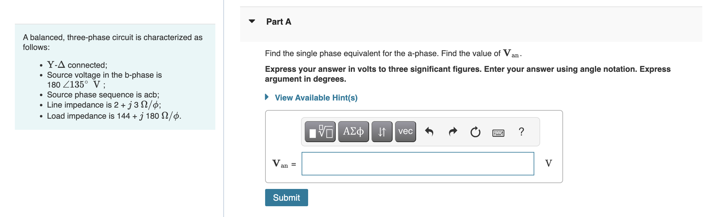 Solved A balanced, three-phase circuit is characterized as | Chegg.com