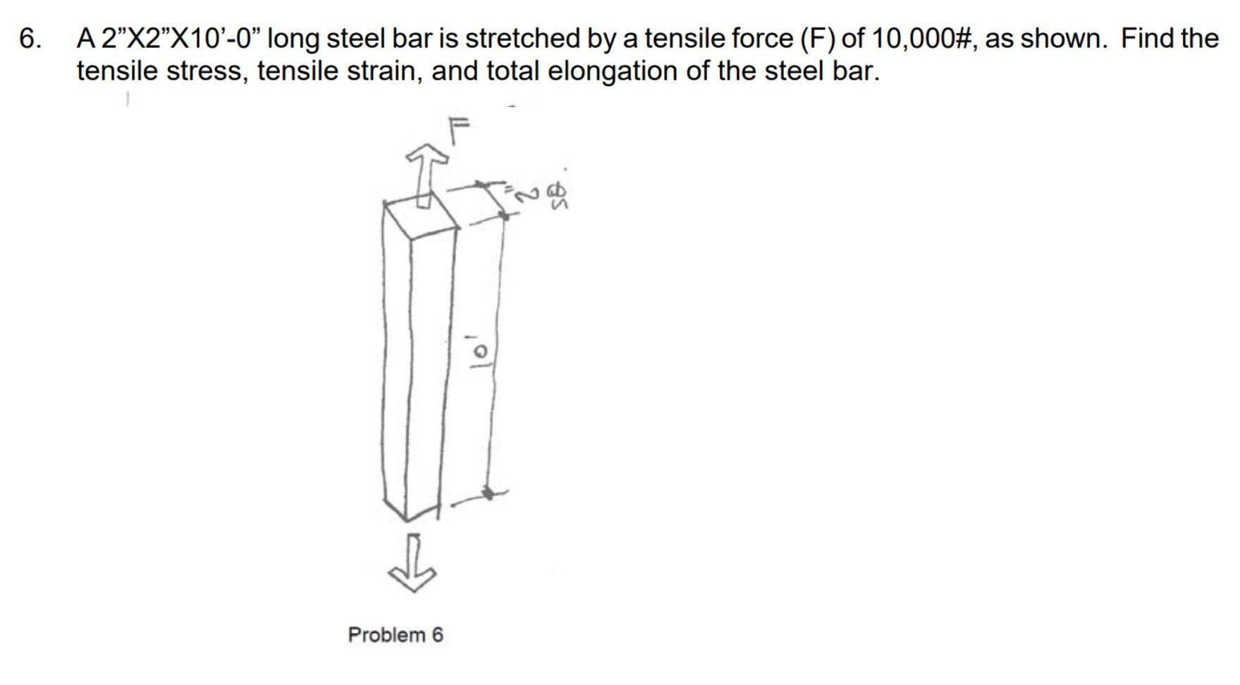 Solved 6. A 2"X2"X10'-0" long steel bar is stretched by a | Chegg.com