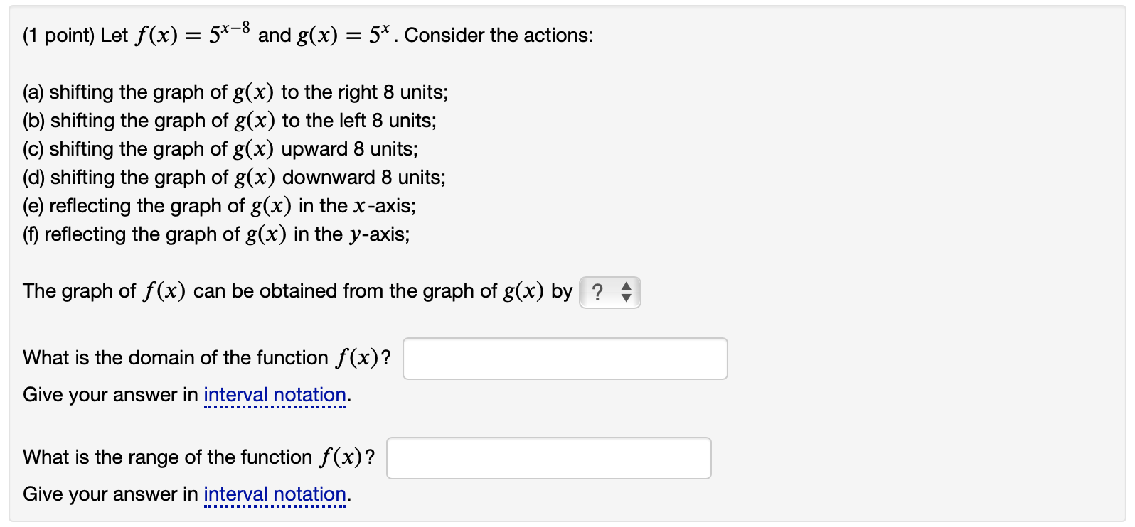 Solved (1 point) Let f(x) = 5x-8 and g(x) = 5x. Consider the | Chegg.com