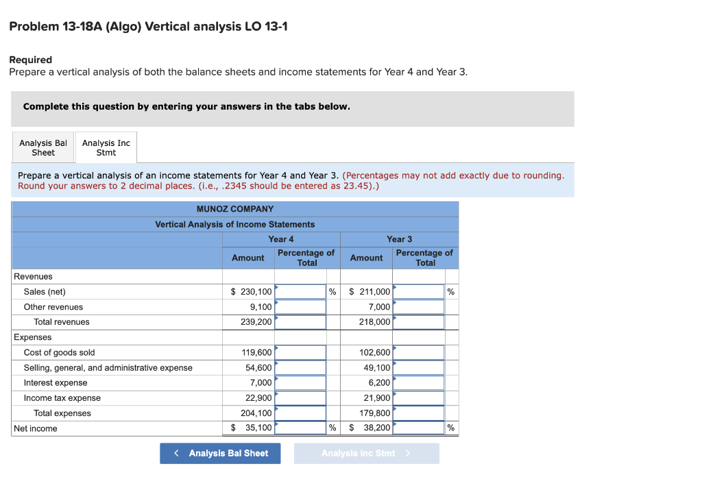 Problem 13-18A (Algo) Vertical analysis LO 13−1 | Chegg.com