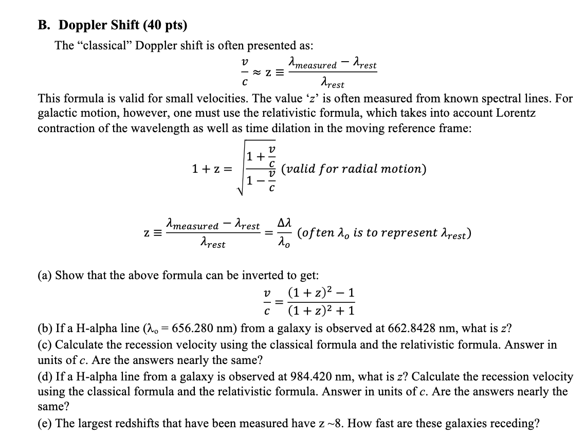 Solved с B. Doppler Shift (40 pts) The "classical” Doppler | Chegg.com
