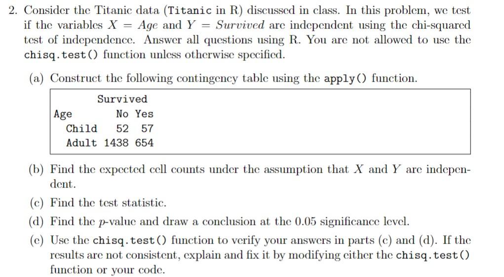 Solved 2. Consider the Titanic data (Titanic in R) discussed | Chegg.com