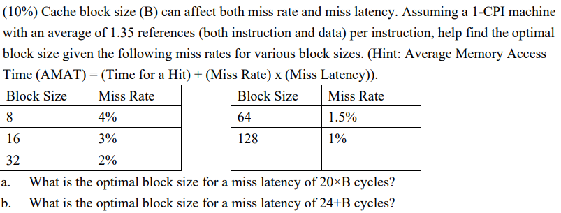 Solved (10%) Cache block size (B) can affect both miss rate | Chegg.com