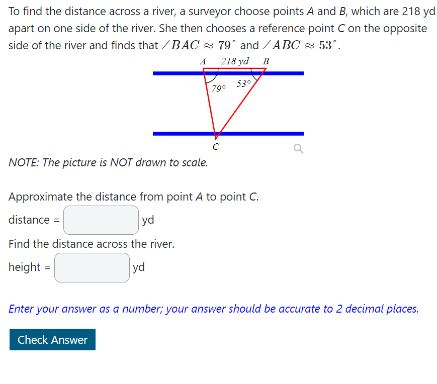 Solved To find the distance across a river, a surveyor | Chegg.com